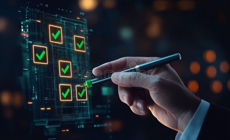 Businessman Holds Electronic Pen Checking Off Green Checkmarks on ...