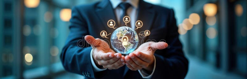Businessman Holds Global Digital Tech Device. Human Interaction with AI ...