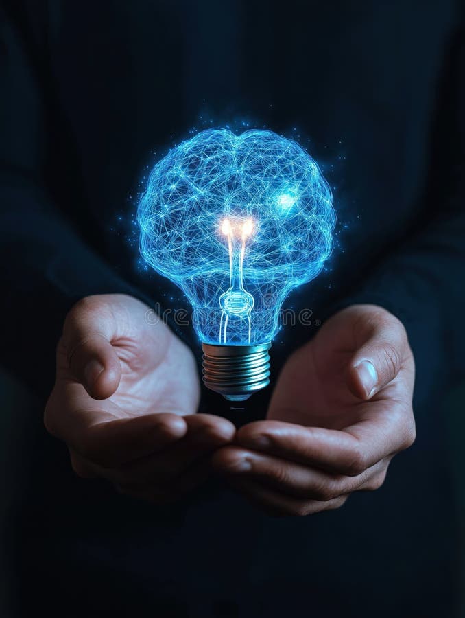 Businessman Holds Glowing Blue Lightbulb Shaped Like Brain. Concept of ... Businessman Holds Glowing Blue Lightbulb Shaped Like Brain. Concept of ...