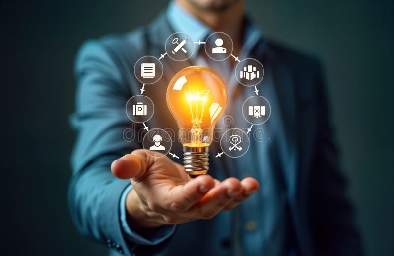 Businessman Holds Glowing Lightbulb Innovative Ideas. Learning Icons ...
