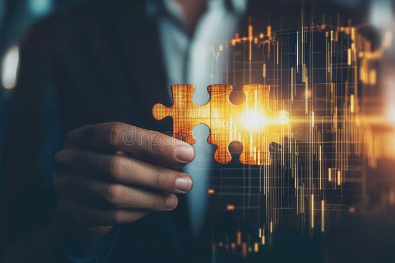 Businessman Holding Puzzle Piece in Front of Abstract Data ...