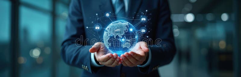 Businessman Holds Illuminated Globe with Network Connections. Concept ...