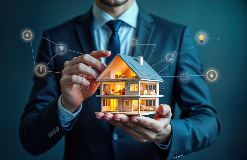 Businessman Holds Model House Smart Home Tech. Home Automation Concept ...