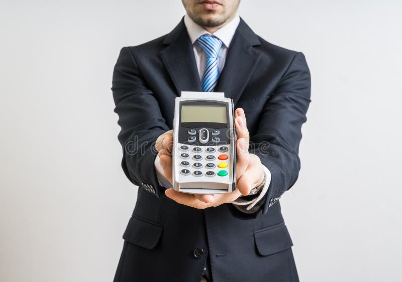 Businessman Holds Payment Terminal in Hands Stock Image - Image of ...