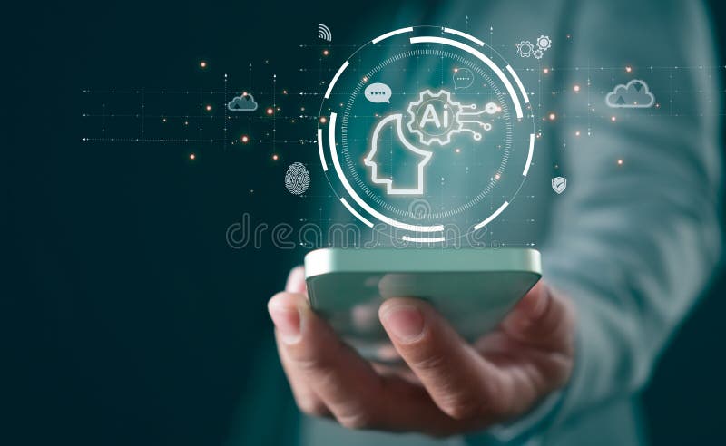 Businessman Holds Smartphone and Shows AI Brain. Shows AI Brain Network ...