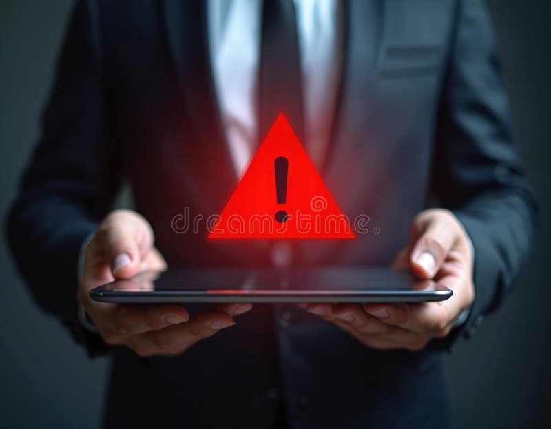 Businessman Holds Tablet with System Hacked Alert, Red Triangle with ...