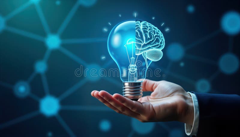 Businessman Holds Virtual Lightbulb with Brain Inside. Concept of Innovation, Smart Thinking ...