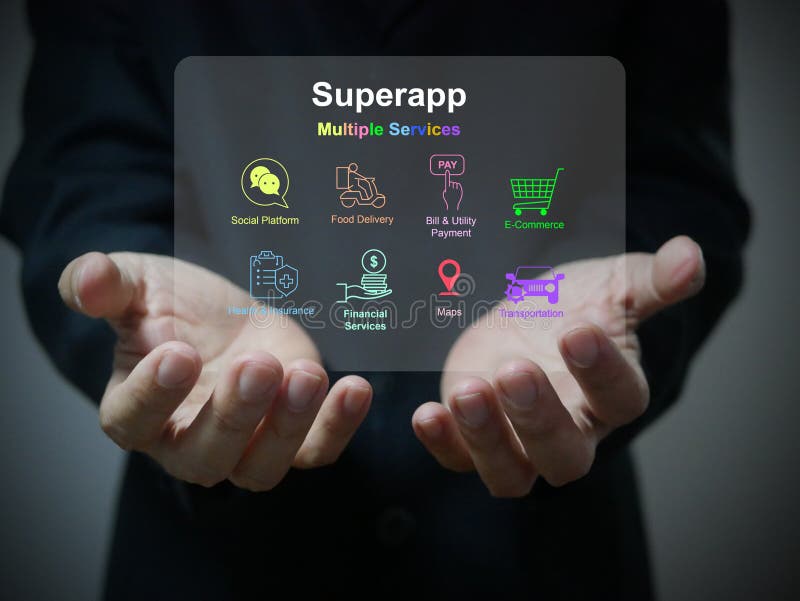A Businessman Holds a Virtual Screen of Superapp that Serves Multiple ...