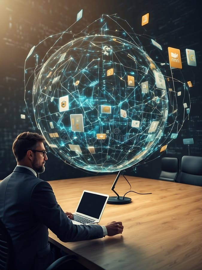 Businessman with Holographic Network Projection Generative AI Stock ...