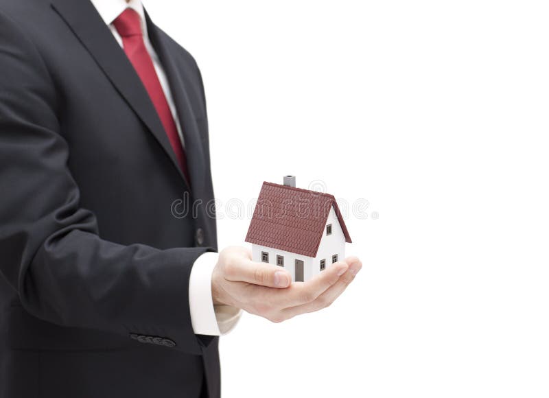 Businessman with House Miniature in Hand Stock Photo - Image of give ...