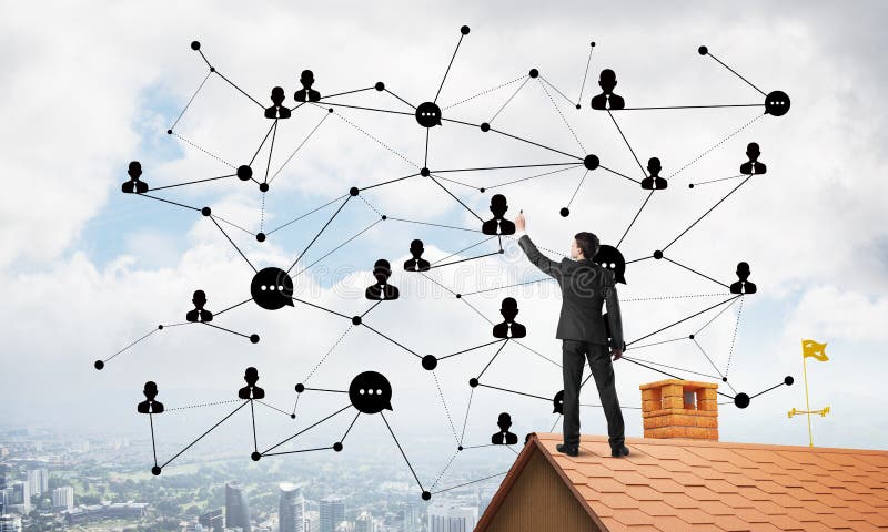 Businessman on House Roof Presenting Networking and Connection Concept ...