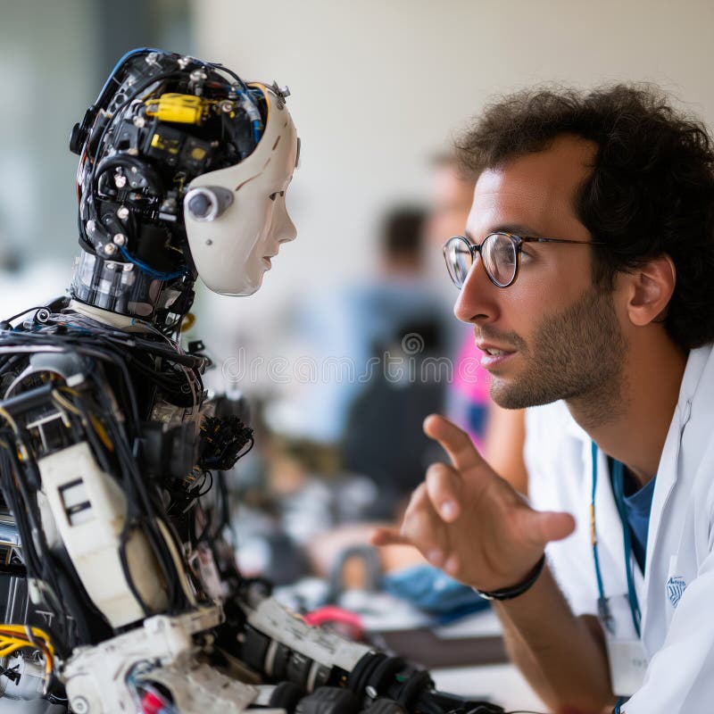 Businessman and Humanoid Robot Thinking in Conference Room Stock Photo ...