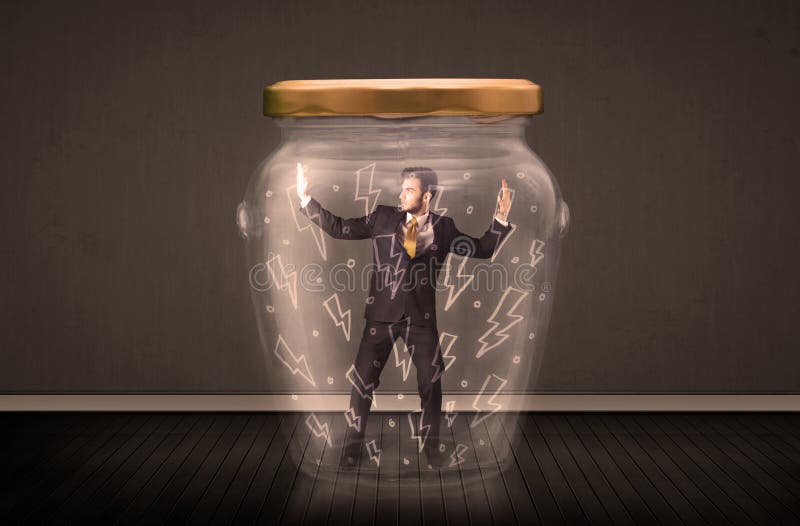 Businessman Inside a Glass Jar with Lightning Drawings Concept Stock ...