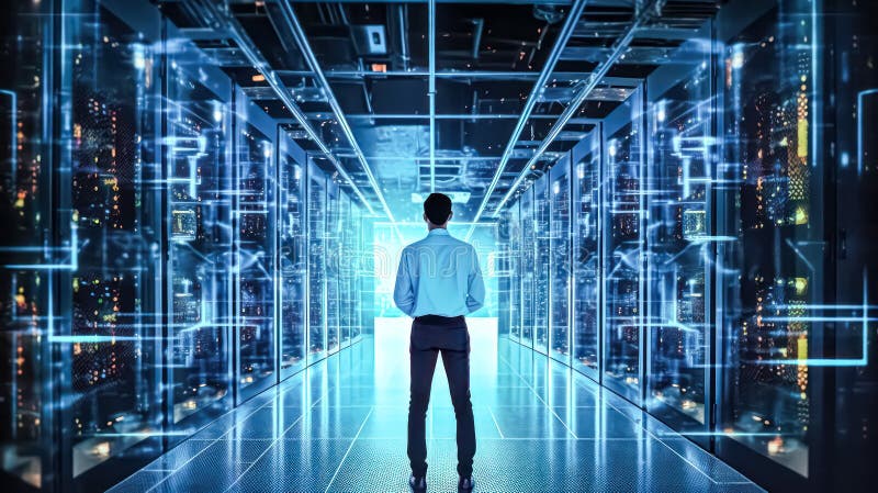 Businessman Inspects Server Cabinets in a Data Center Corridor Stock ...
