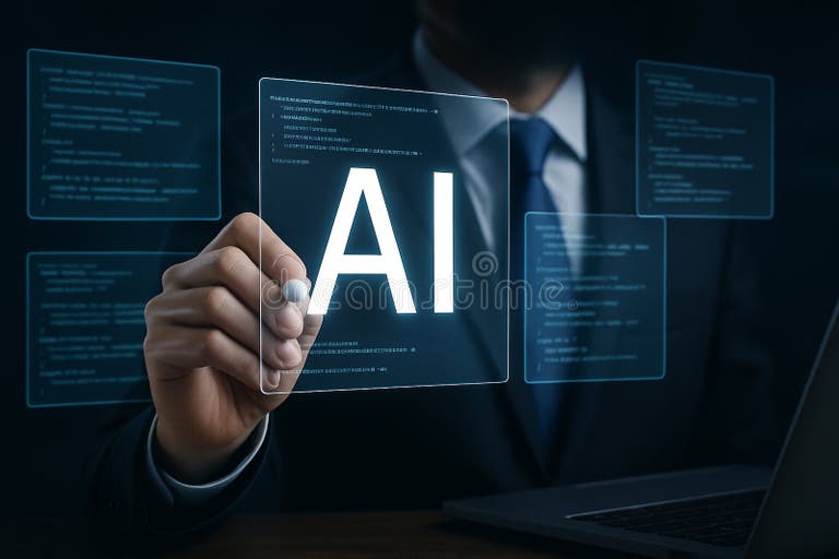 Businessman Interacting with Artificial Intelligence Interface in a ...