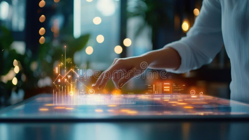 Businessman Interacting with Data Holographic Interface, Manipulating Charts and Ambient with ...