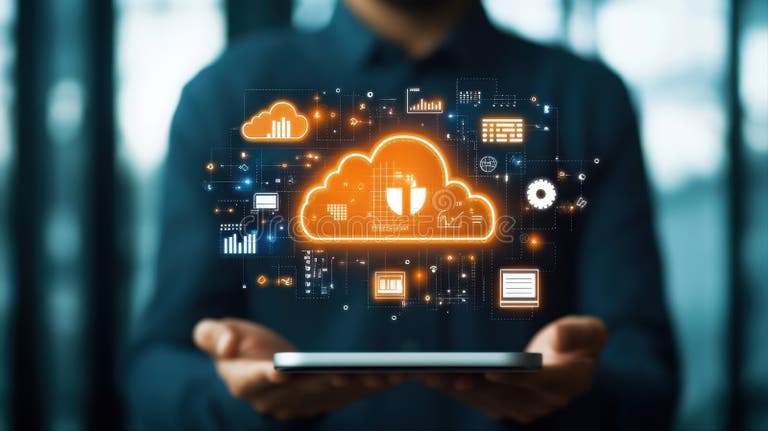 Businessman Interacting with Digital Cloud Computing Technology and ...