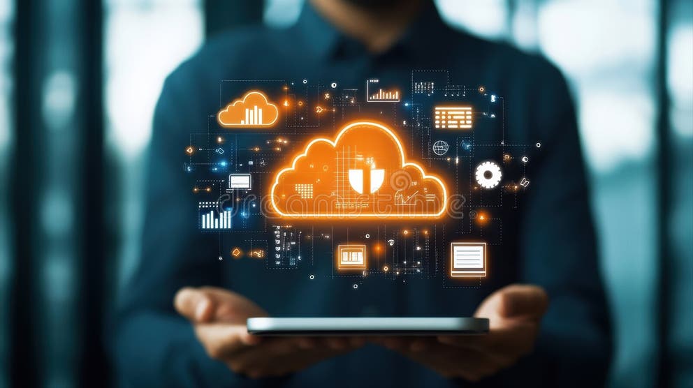 Businessman Interacting with Digital Cloud Computing Technology and ...