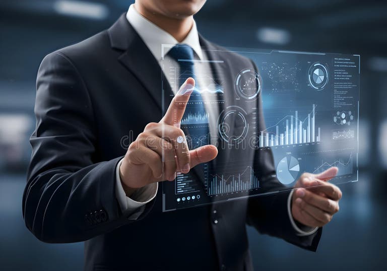 Businessman Interacting with Digital Graphs and Charts on Transparent ...