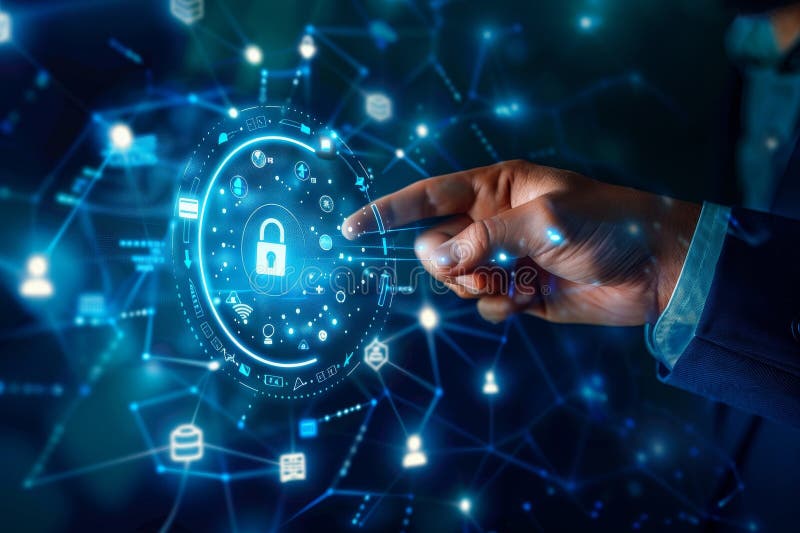 Businessman Interacting with Digital Icon of Global Network and Data Transfer on Virtual Screen ...