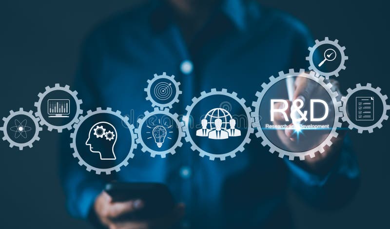 Businessman Interacting with Digital Icons Representing Research and ...