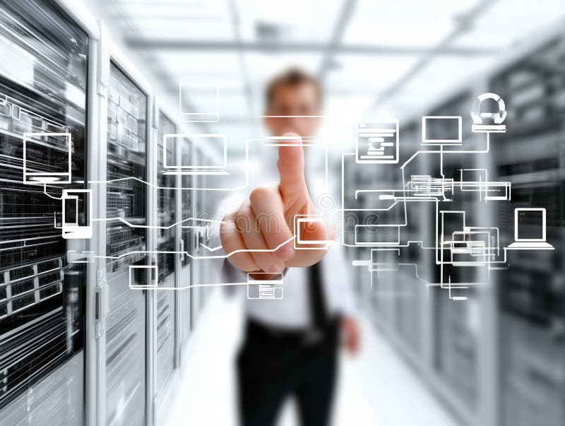Businessman Interacting with Digital Interface in Data Center ...