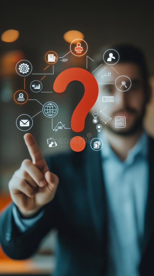 Businessman Interacting with Digital Question Mark Icons on a Virtual ...