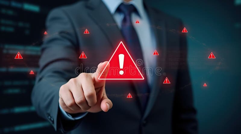 Businessman Interacting with a Digital Warning Interface Display Stock ...