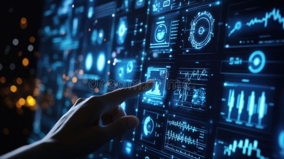Businessman Navigating Futuristic Glowing Control Panel with Big Data ...