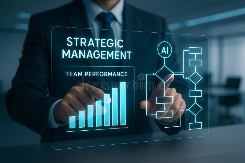 Businessman Interacting with Futuristic Interface Displaying Strategic Management Concepts Team ...