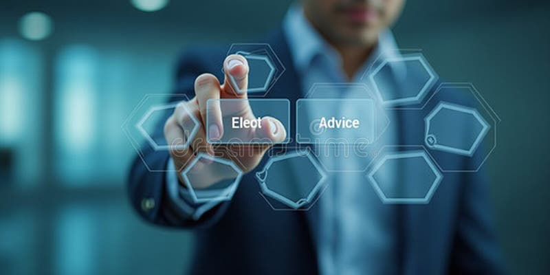 Businessman Interacting Futuristic Interface with Elect and Advice Options Stock Illustration ...