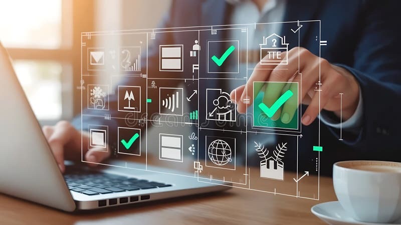 Businessman Interacting with Futuristic Interface Using a Laptop and ...