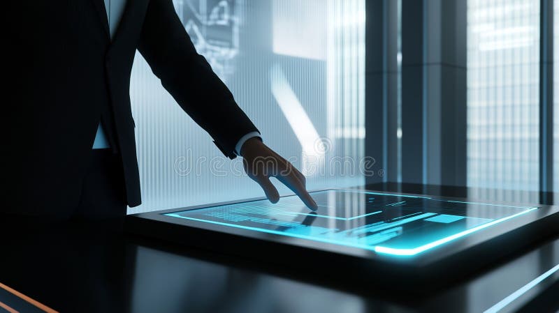 Businessman Interacting with a Futuristic Touch Screen Display Table ...
