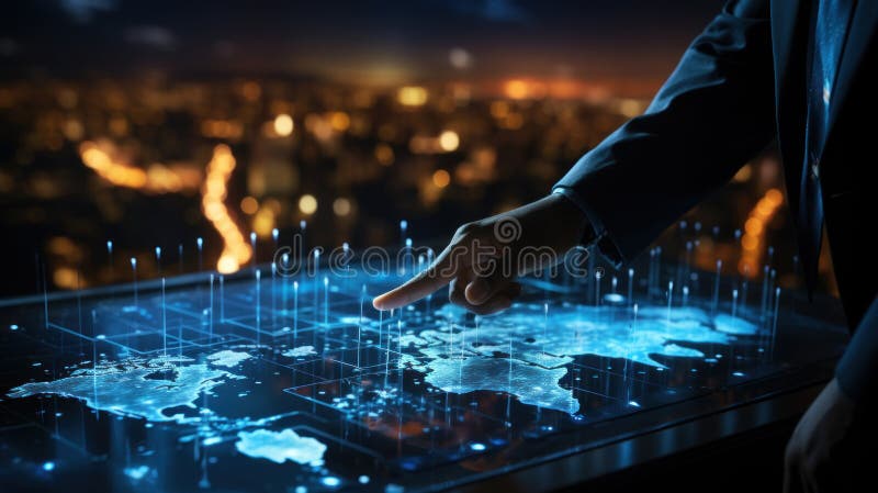 Businessman Interacting with Global Data Network Map Stock Illustration ...