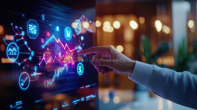 Businessman Interacting with Hand Holographic Interface, Manipulating ...