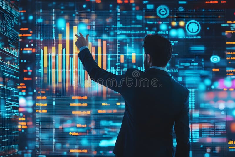 Businessman Interacting with a Large Digital Display of Data and Charts ...