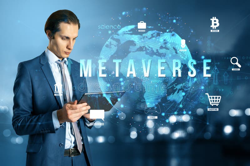 Businessman Interacting with Tablet, Metaverse Digital Icons and Globe ...
