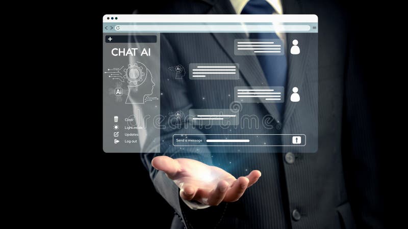 Businessman Interacting with Virtual Chat AI Interface in a Digital ...