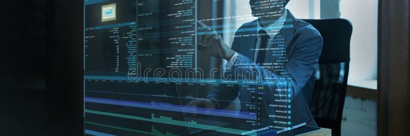 Businessman Interacting with Virtual Code Interface. Transparent Digital Screen Displaying ...
