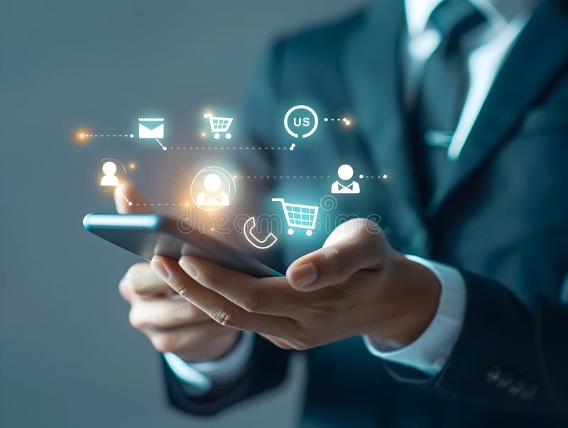 Businessman Interacting with Virtual Customer Support Icons on Mobile ...