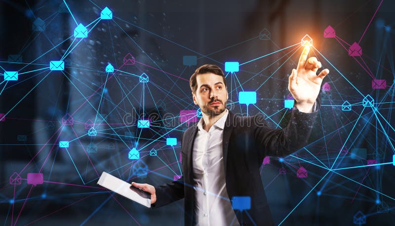 Businessman Interacting with a Virtual Email Network Interface Stock ...