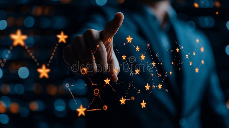 Businessman Interacting with Virtual Interface Touching Glowing Stars ...