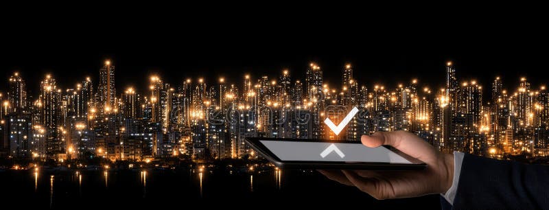 Businessman Interacts with Checkmark Icon on Virtual Screen Using Blue ...