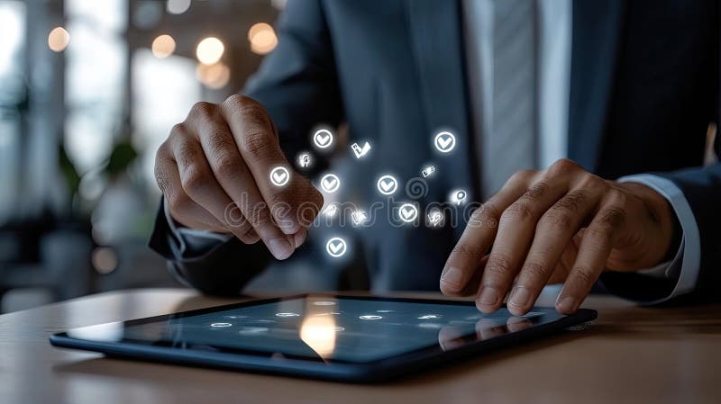 Businessman Interacts with Checkmark Icon on Virtual Screen Using Blue ...