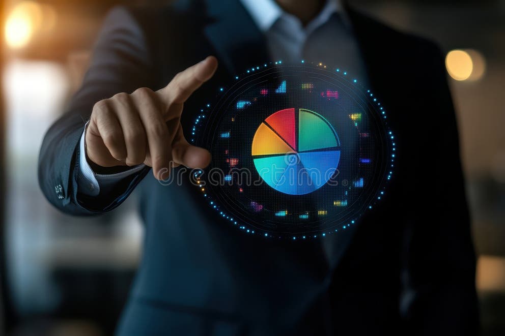 A Businessman Interacts with a Digital Pie Chart Interface, Emphasizing ...