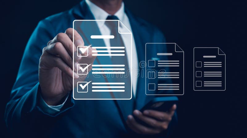 Businessman Interacts with Futuristic Checklist Interface, Signifying ...