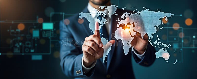 Businessman Interacts with Global Network Tech. Global Business ...