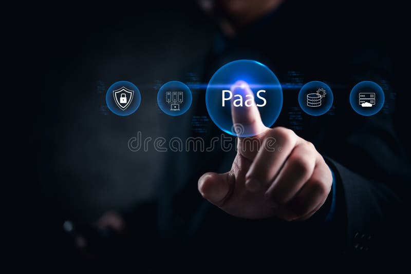 Businessman Interacts with PaaS Technology Icons, Focusing on Secure ...