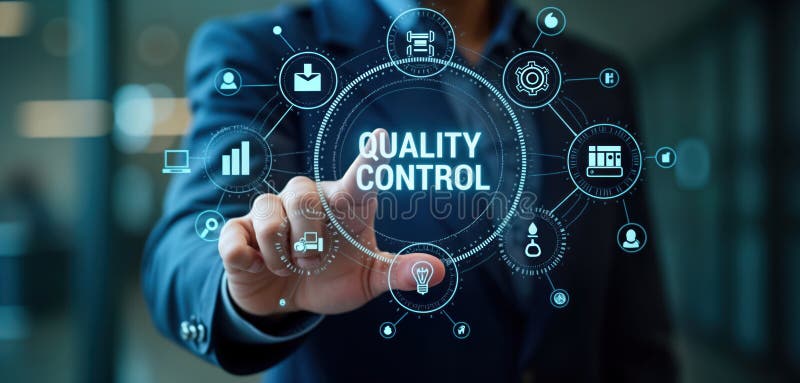 Businessman Interacts with Tech Interface Displaying Quality Control ...