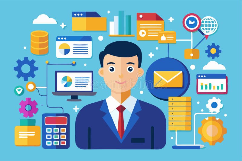 A Businessman Interacts with Various Data Tools and Visualizations in a ...